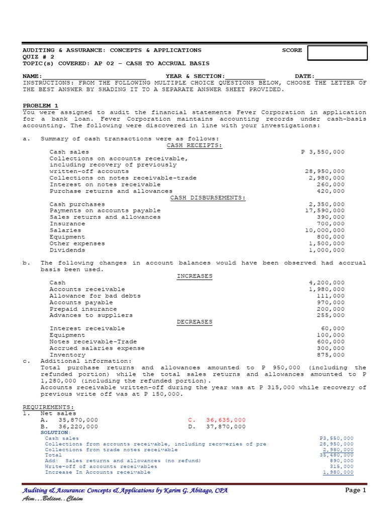 01 Quiz On Topic 02 With Answer Key | PDF | Accounts Payable | Expense