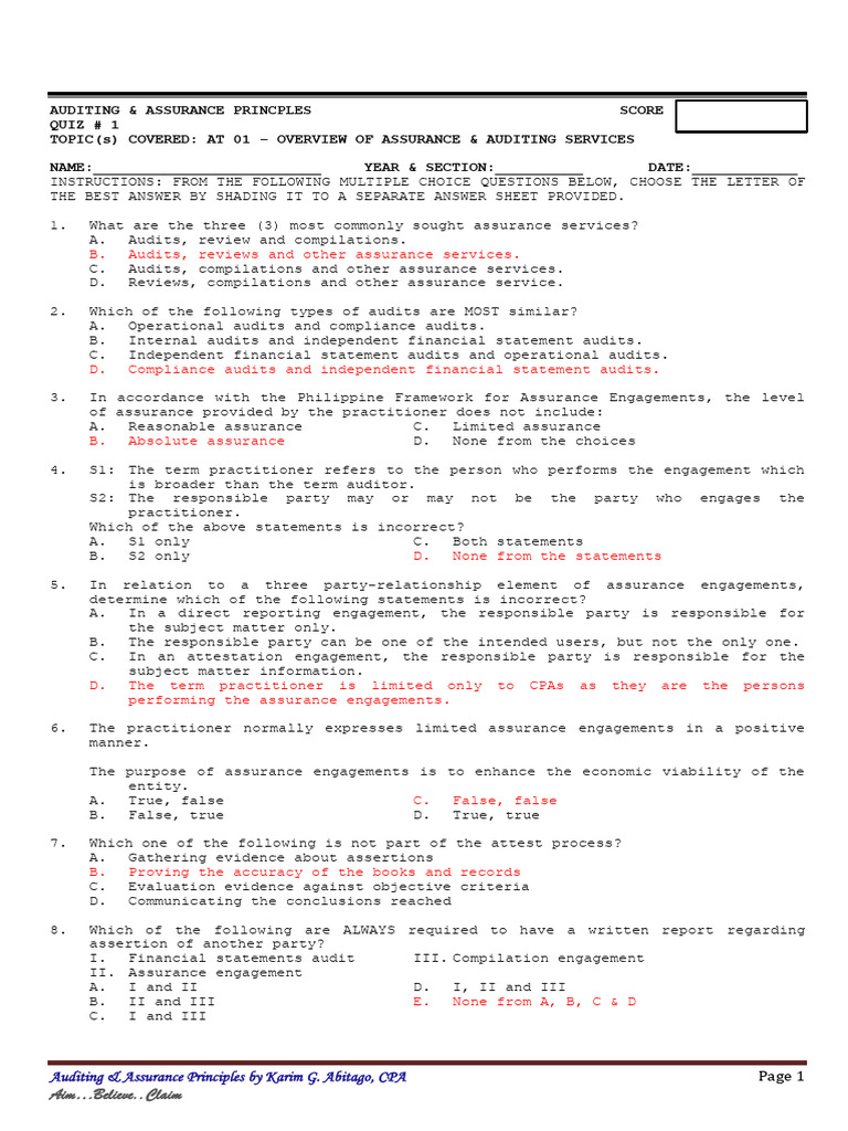 Auditing Quiz for Accounting Students | PDF | Audit | Financial Audit