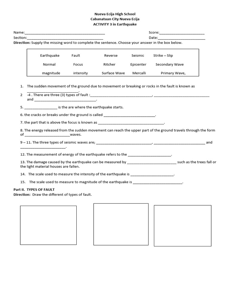 Earthquake Activity Worksheet for Students | PDF | Teaching Methods ...