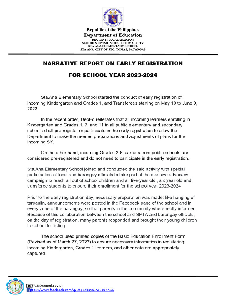 Early Registration Report 2023-2024 | PDF | Social Institutions