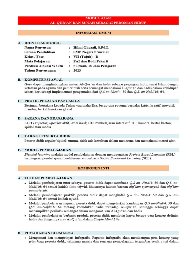 Modul Ajar Kelas 7 PAI - Bab 1 | PDF