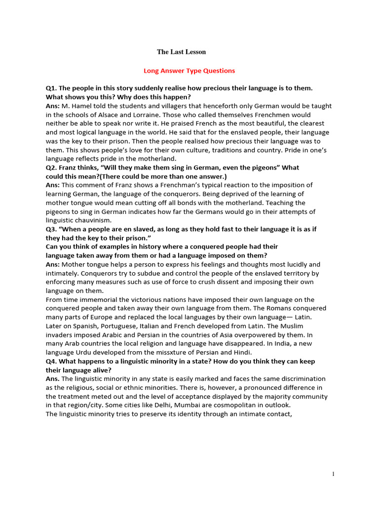 Long Answer Type Questions: The Last Lesson | Download Free PDF ...