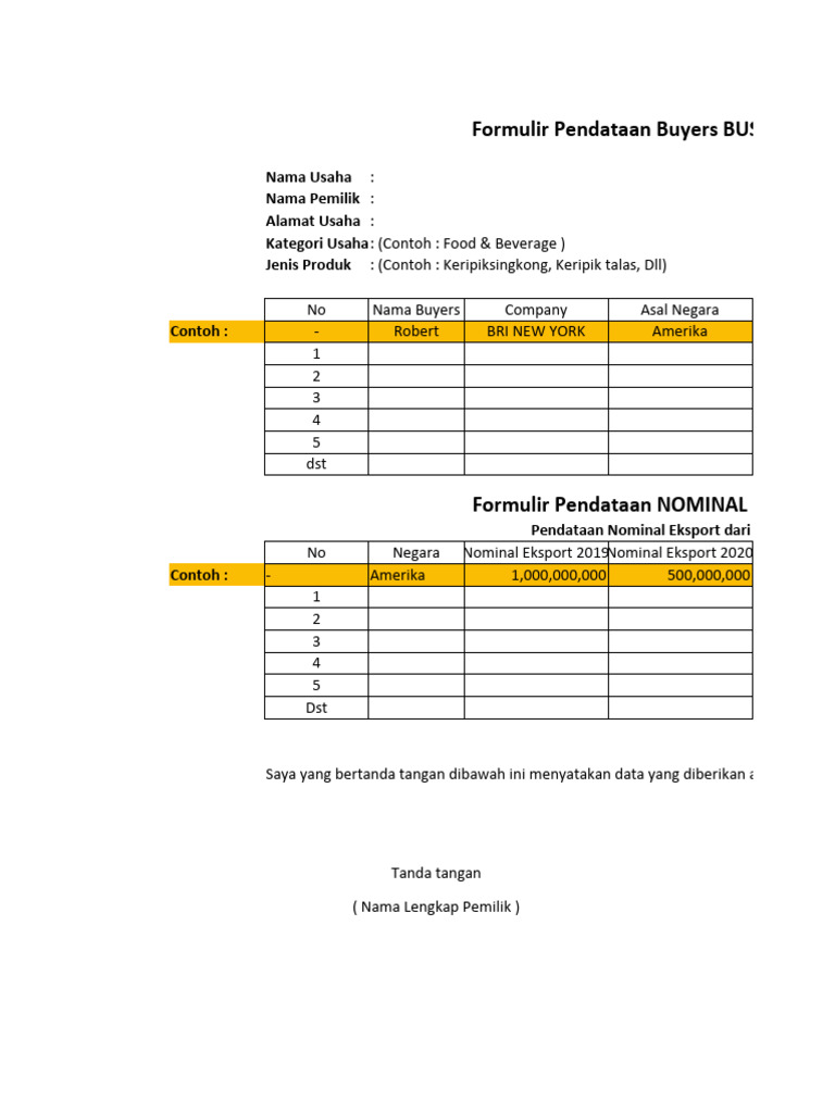 Contoh Formulir Pendataan Buyers Business Matching | PDF
