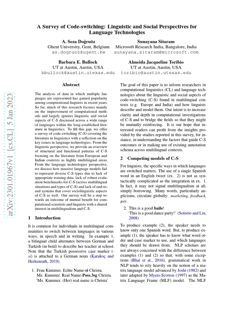 A Survey of Code-Switching: Linguistic and Social Perspectives For ...