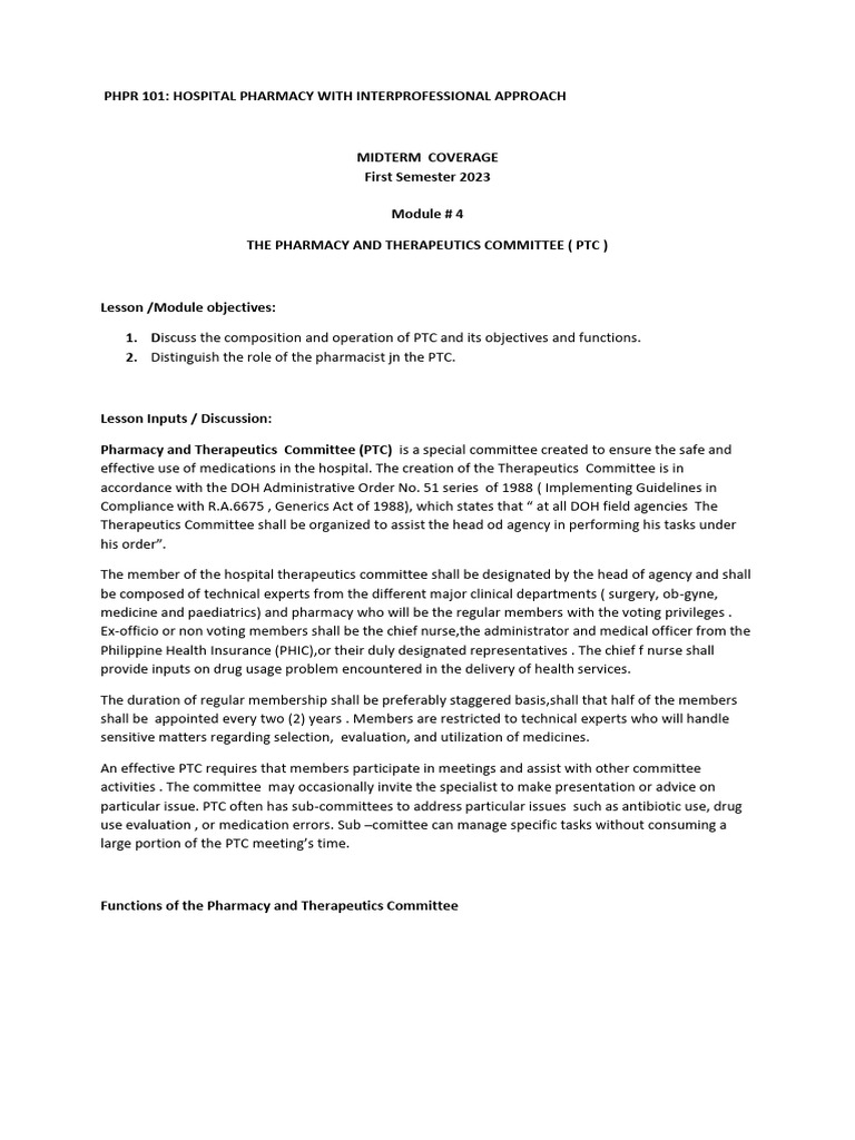 Module 4 HOSPITAL PHARMACY WITH INTERPROFESSIONAL APPROACH | PDF ...