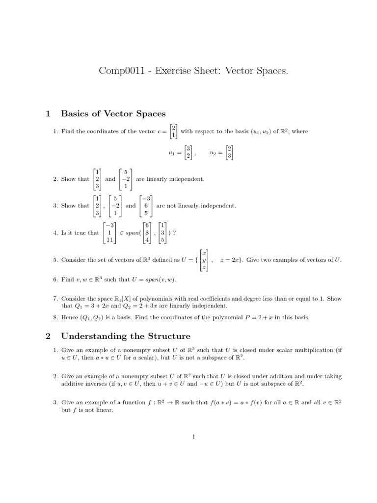 Linear Algebra Exercise Sheet | PDF | Basis (Linear Algebra) | Vector Space