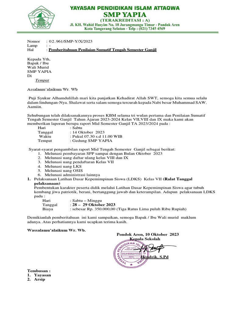 Surat Edaran Pengambilan Raport PTS Ganjil TA 2023-2024 | PDF