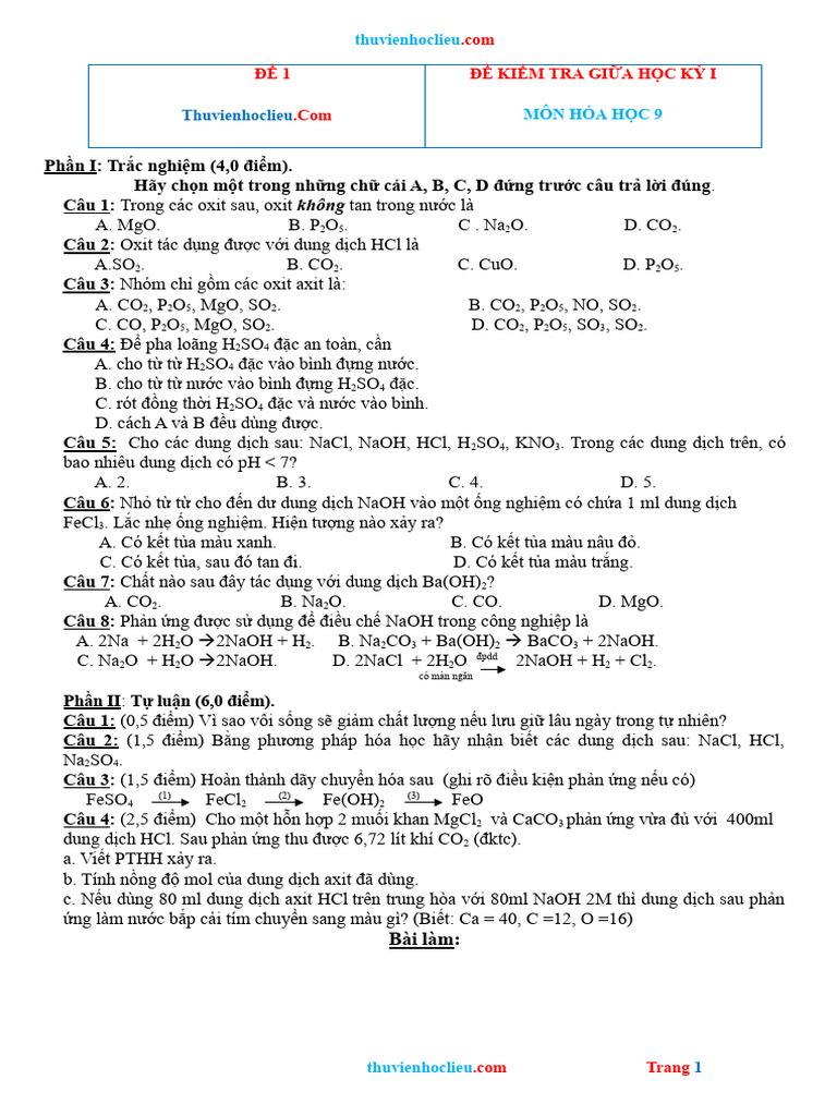 Bo de KT Giua HK1 Hoa 9 Co Dap An | PDF
