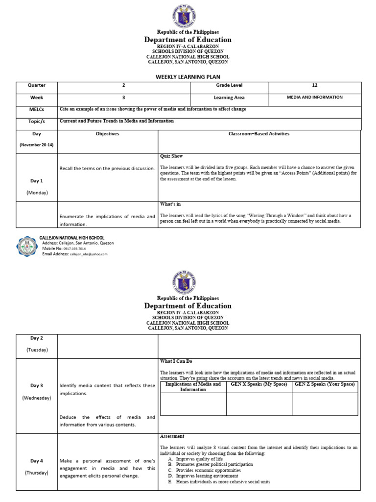 Media And Information Literacy Daily Lesson Log Pdf Learning