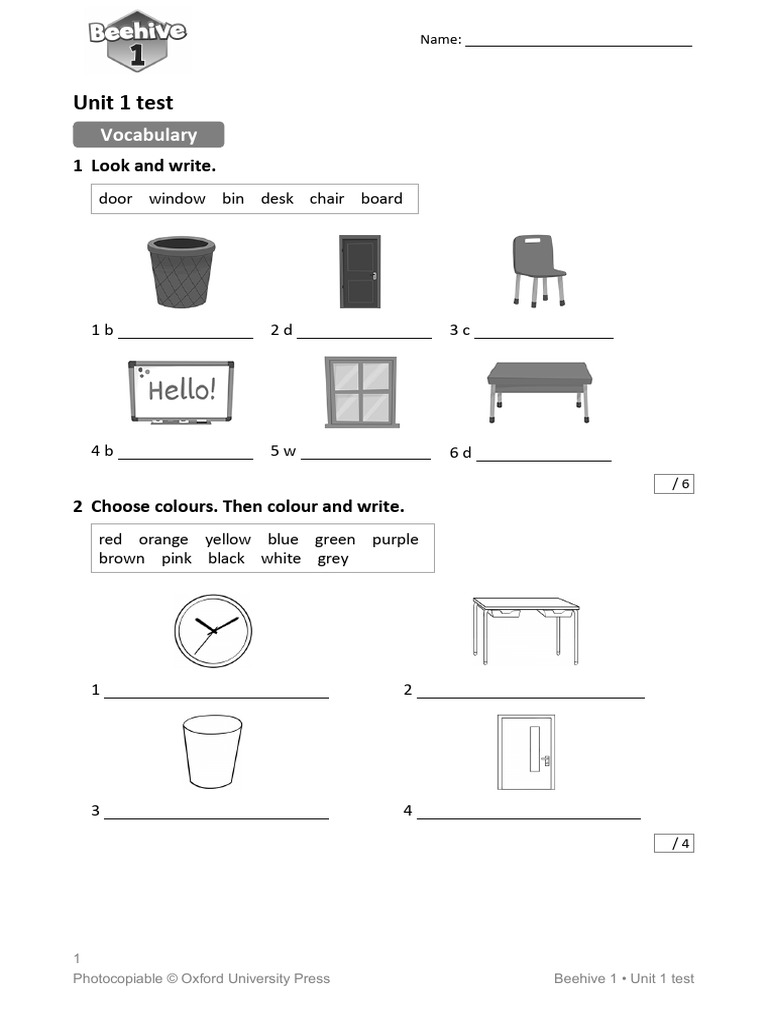 Beehive Tests Level 1 Unit Test 1 | PDF | Classroom | Decorative Arts
