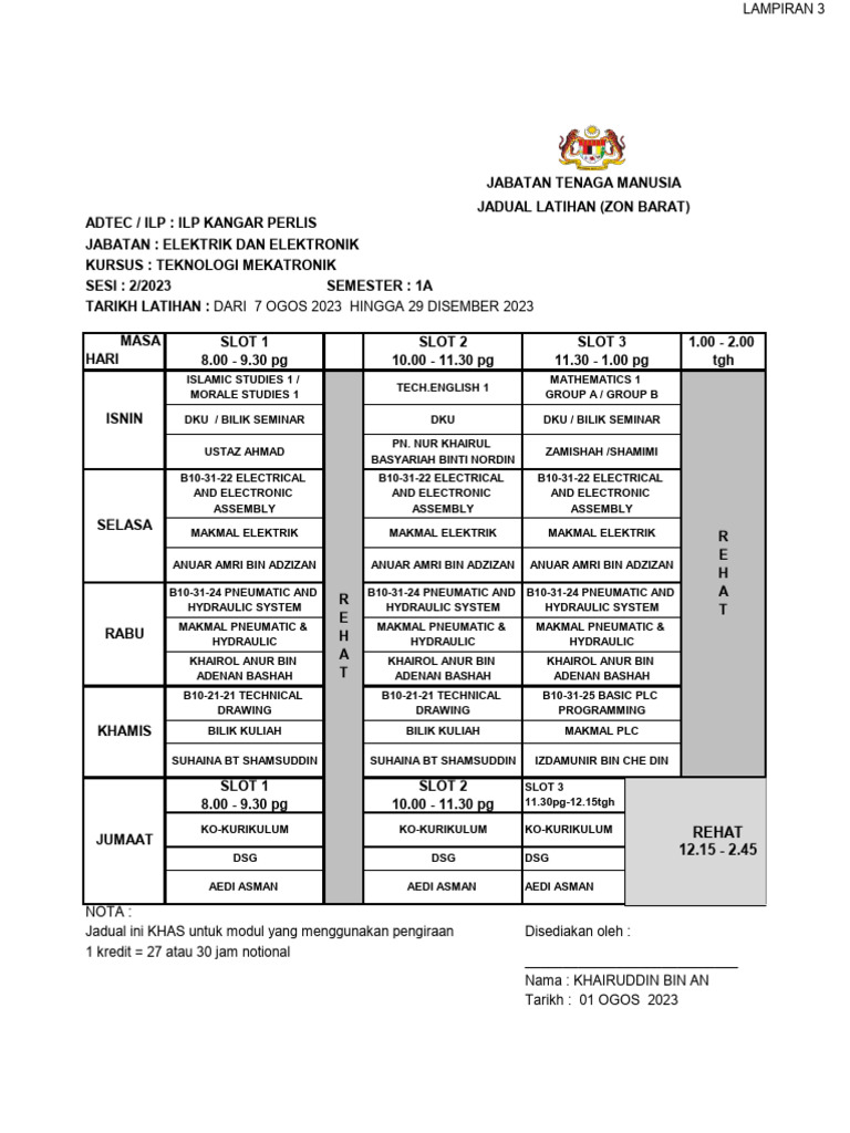 Jadual Format Baru Sesi 2 - 2023 - Mekatronik - Edit Baru (1.1) | PDF