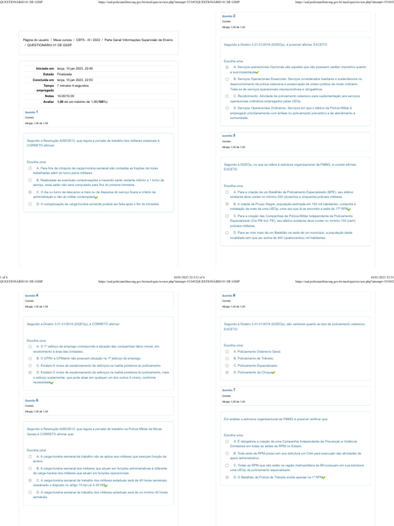 Questionário 01 de GSSP | PDF | Polícia | Polícia militar