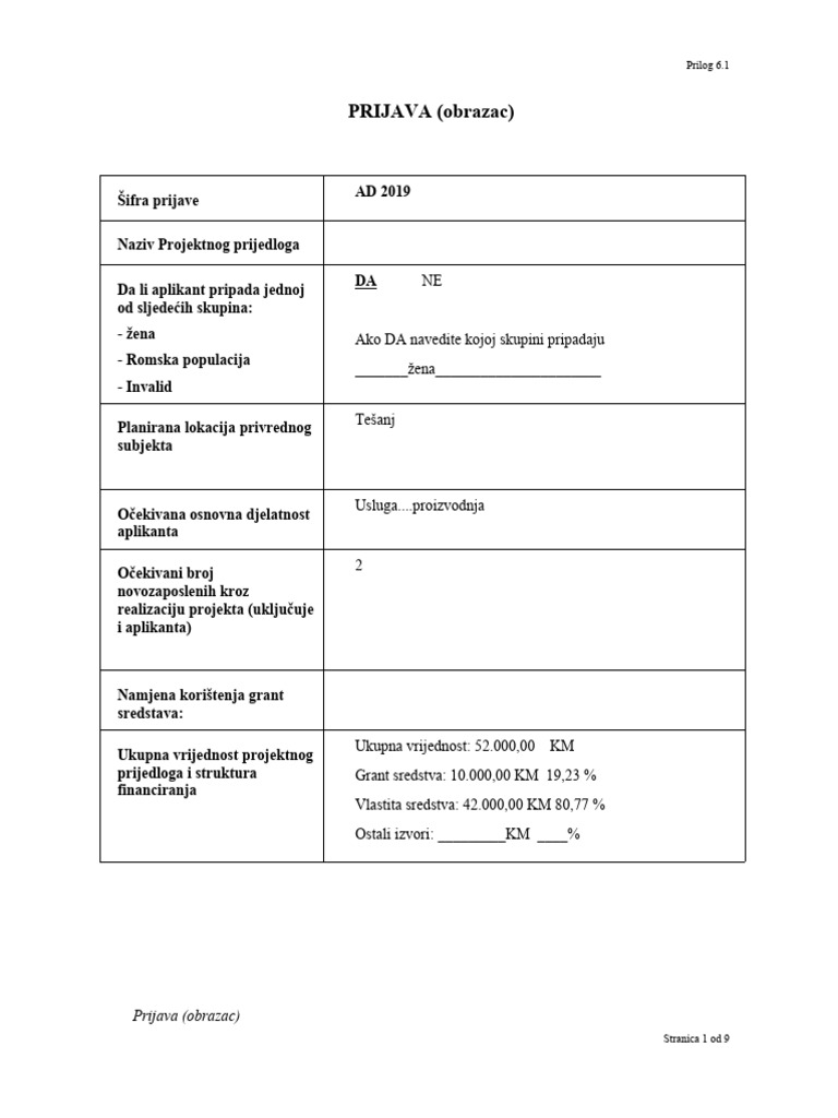 Prilog 6.5 Prijavni Obrazac Novi Start Up OK - Popunjen | PDF