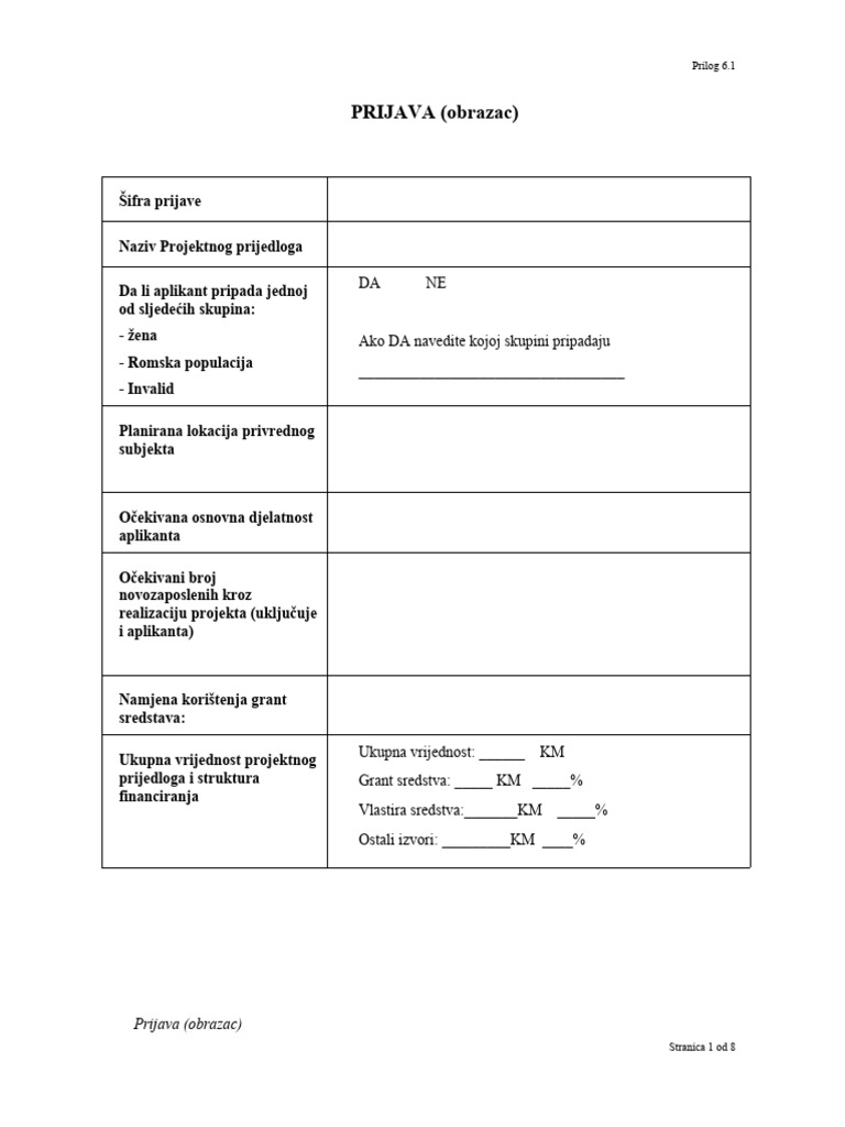 Prilog 6.1. - Prijavni Obrazac Novi Start Up - OK | PDF