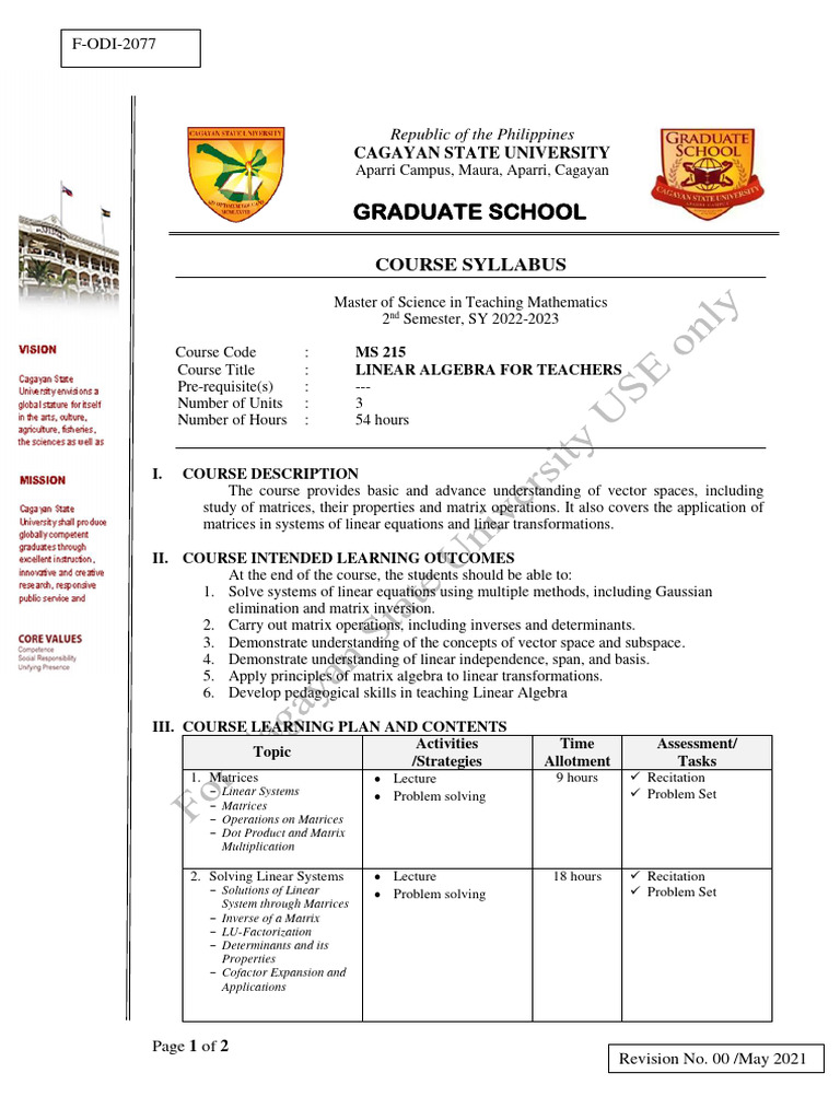 Linear Algebra Course Syllabus | PDF | Matrix (Mathematics) | Linear Map