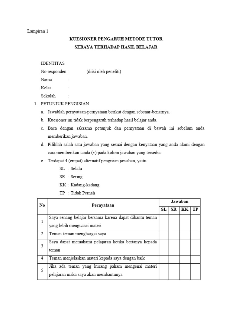 Kuesioner Metode Tutor Sebaya | PDF