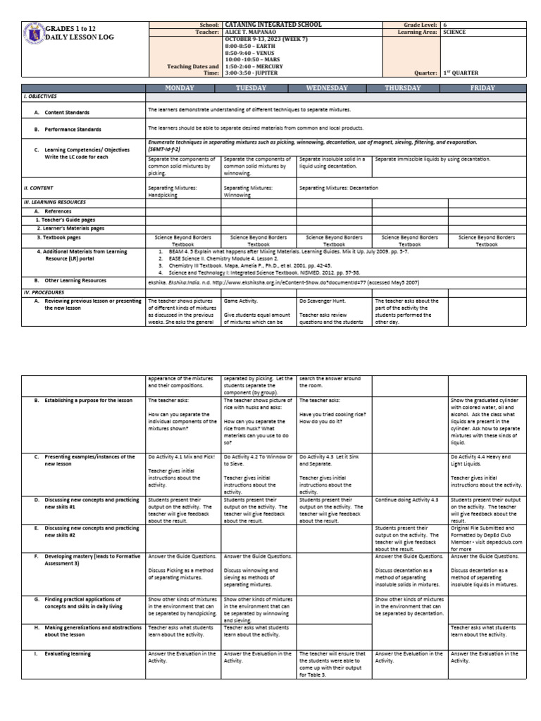 DLL - Science 6 - Q1 - W6 | PDF