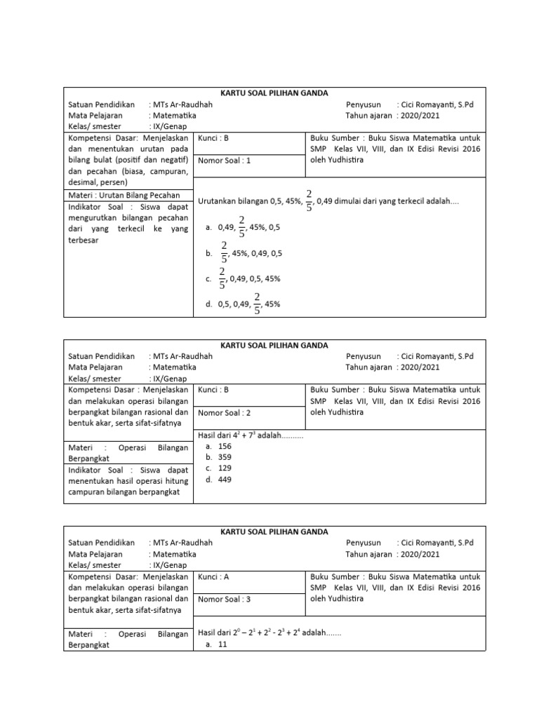 KARTU SOAL MATEMATIKA MTS | PDF