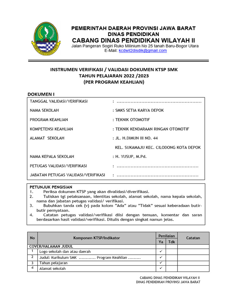 Instrumen Validasi KTSP SMK 2022 2023 | PDF
