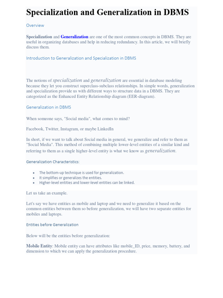 specialization and generalization | PDF | Databases | Application Software