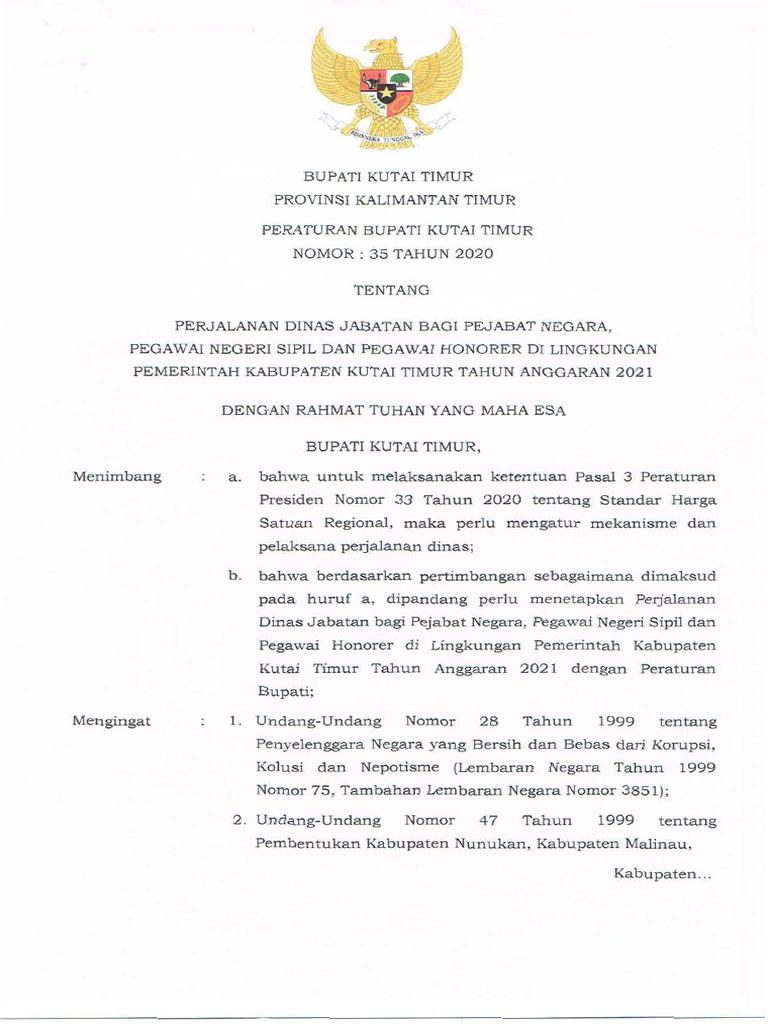 PERBUP 35 - 2020 TTG Perjalanan Dinas Jabatan Bagi Pejabat Negara, PNS ...