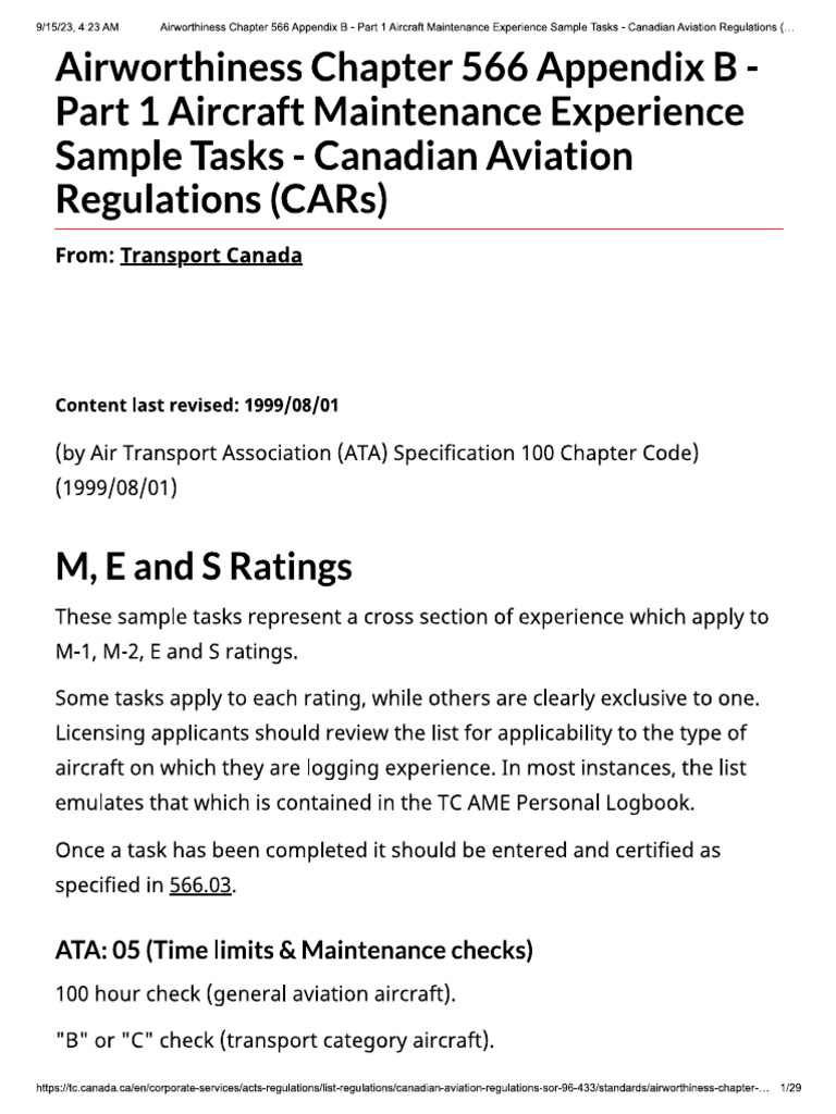 Airworthiness Chapter 566 Appendix B - Part 1 Aircraft Maintenance Experience Sample Tasks ...
