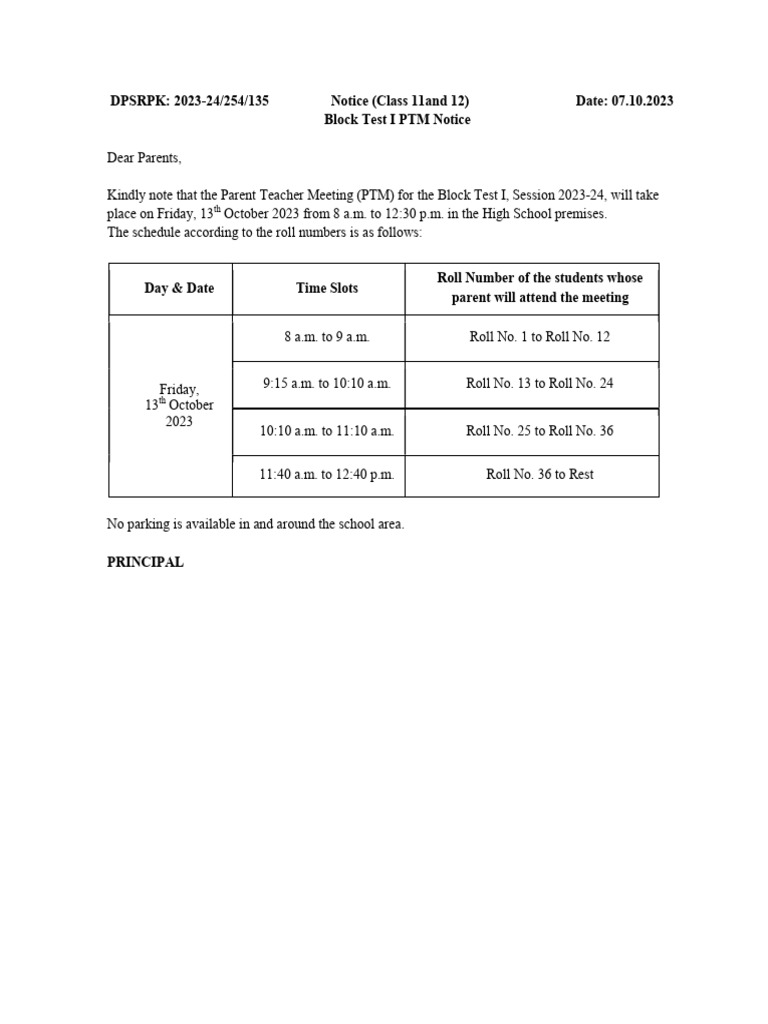 PTM Notice for Block Test I 2023-24 | PDF