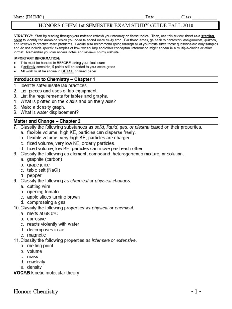 Honors Chem 1st Semester Exam Study Guide Fall 2010 | PDF | Density ...