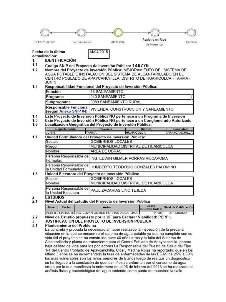 FICHA SNIP APAYCANCHILLA | PDF | Alcantarillado | Agua
