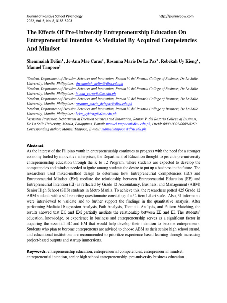 The Effects of Pre-University Entrepreneurship Education On Entrepreneurial Intention As ...
