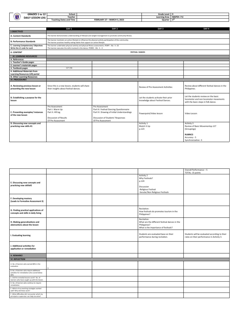 GRADES 1 To 12 Daily Lesson Log: Day 1 Day 2 Day 3 Day 4 | PDF ...