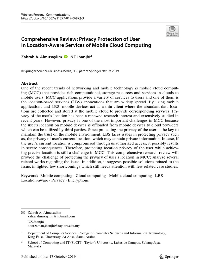 Comprehensive Review: Privacy Protection of User in Location Aware Services of Mobile Cloud ...