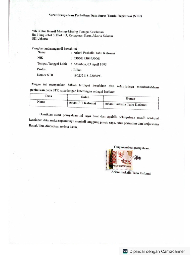Surat Pernyataan Perbaikan Data STR | PDF