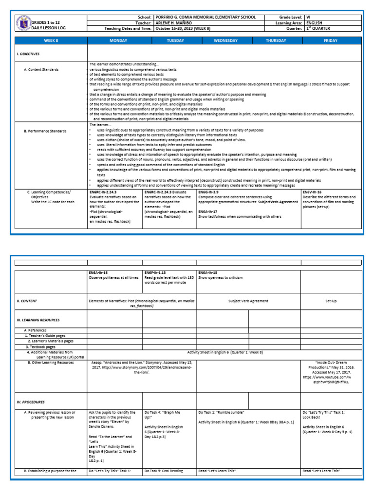 Week 8 Monday Tuesday Wednesday Thursday Friday: I. Objectives | PDF