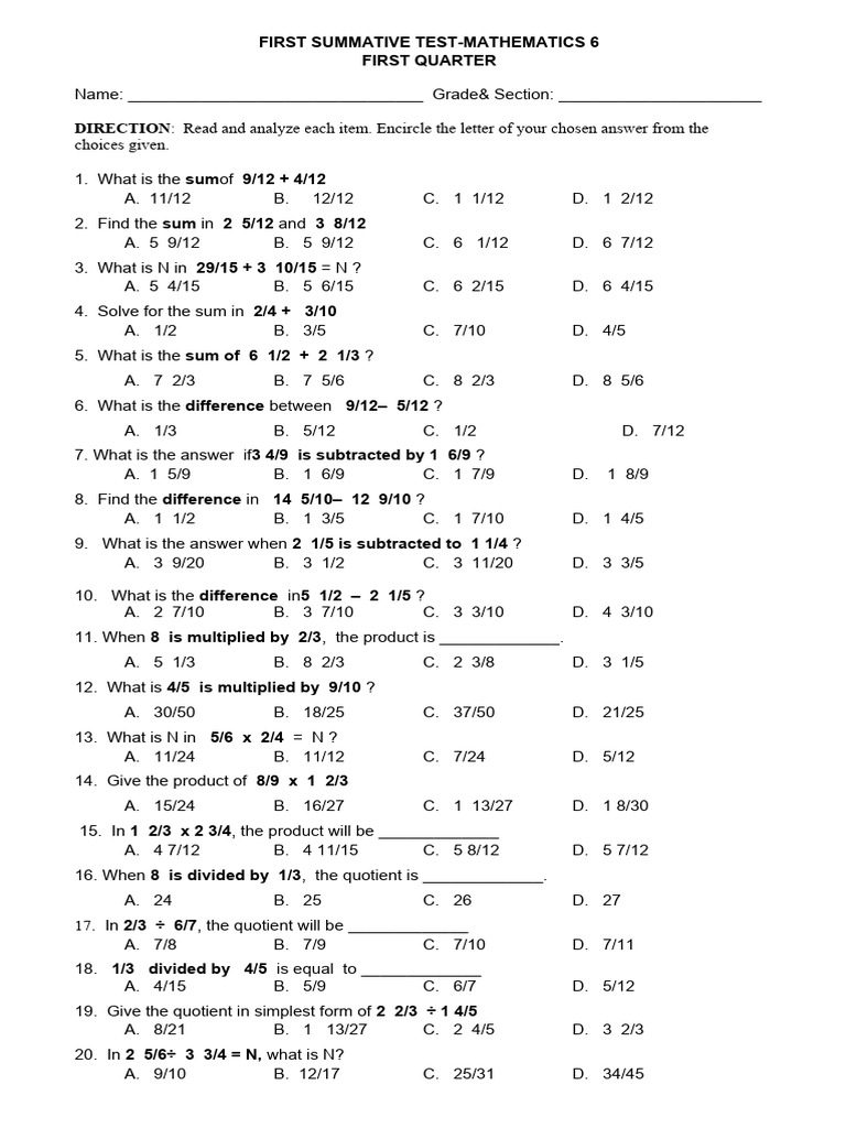Mathematics 6 First Quarter Test | PDF | Summation | Mathematics