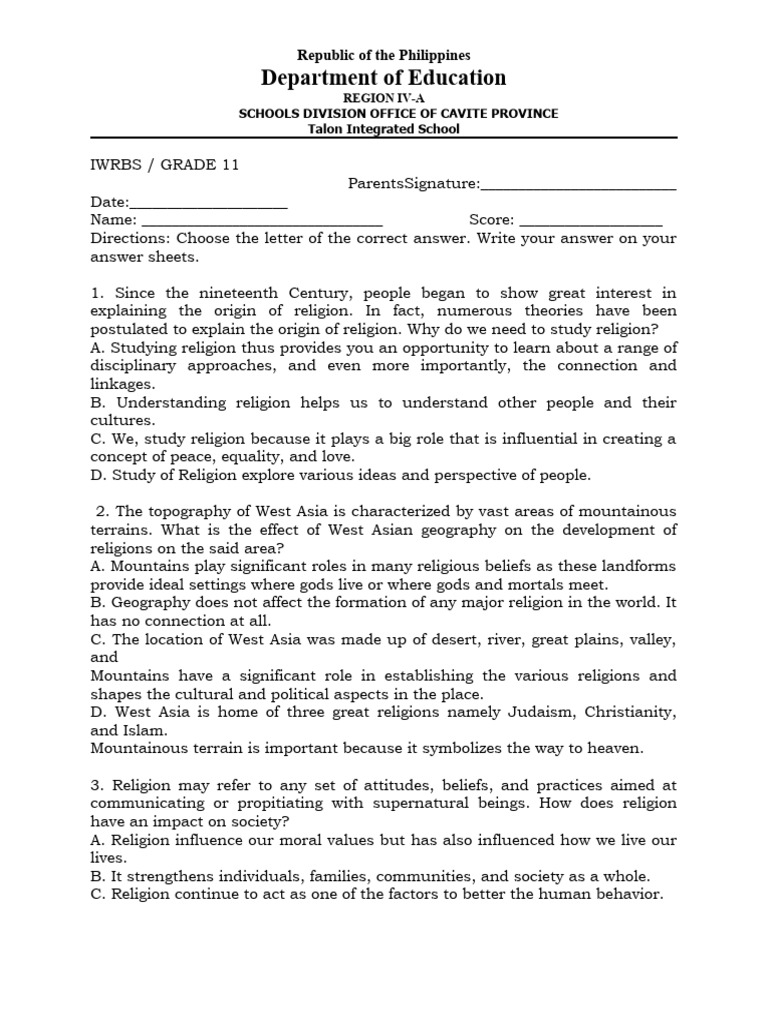 Understanding World Religions Exam Guide | PDF | Politics | Social Science