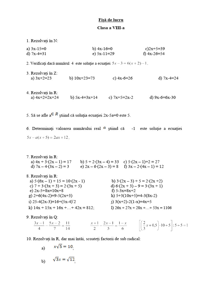 Fisa de Lucru Ecuatii Clasa 7 8 | PDF