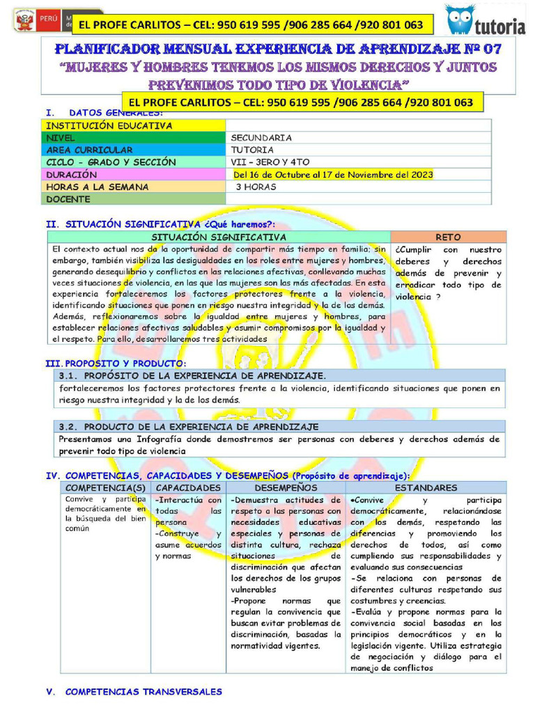 Planificador de La Experiencia 7 - Ciclo Vii - 3ero y 4to - Tutoria - 2023 - 00001 | PDF