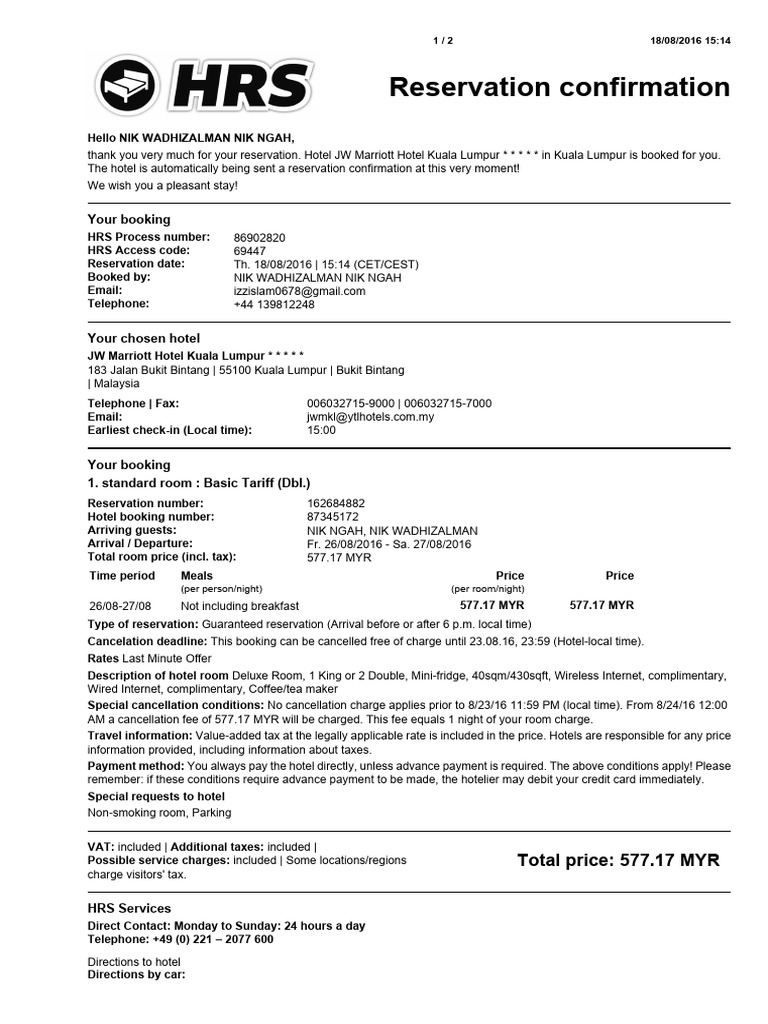 JW Marriott Kuala Lumpur Reservation Confirmation | PDF