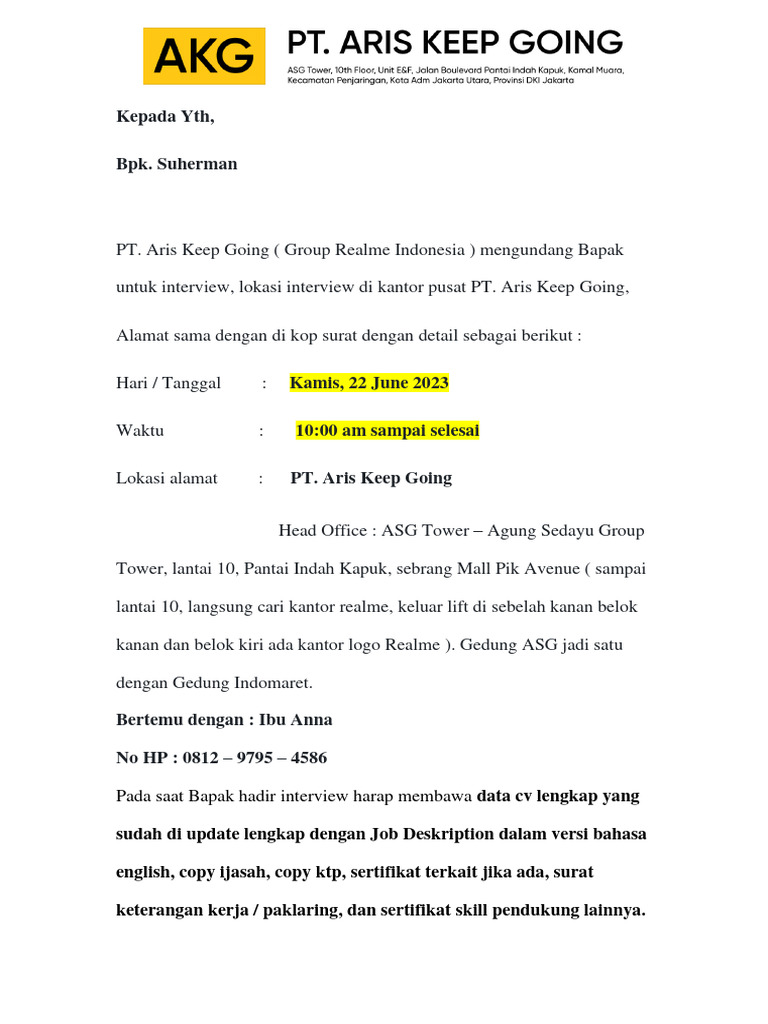 Undangan Interview - BPK Suherman | PDF