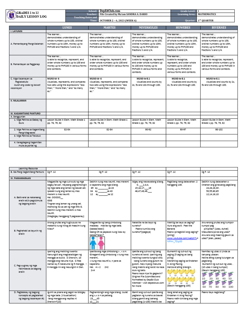 DLL - Mathematics 1 - Q1 - W6 | PDF | Learning | Psychological Theories