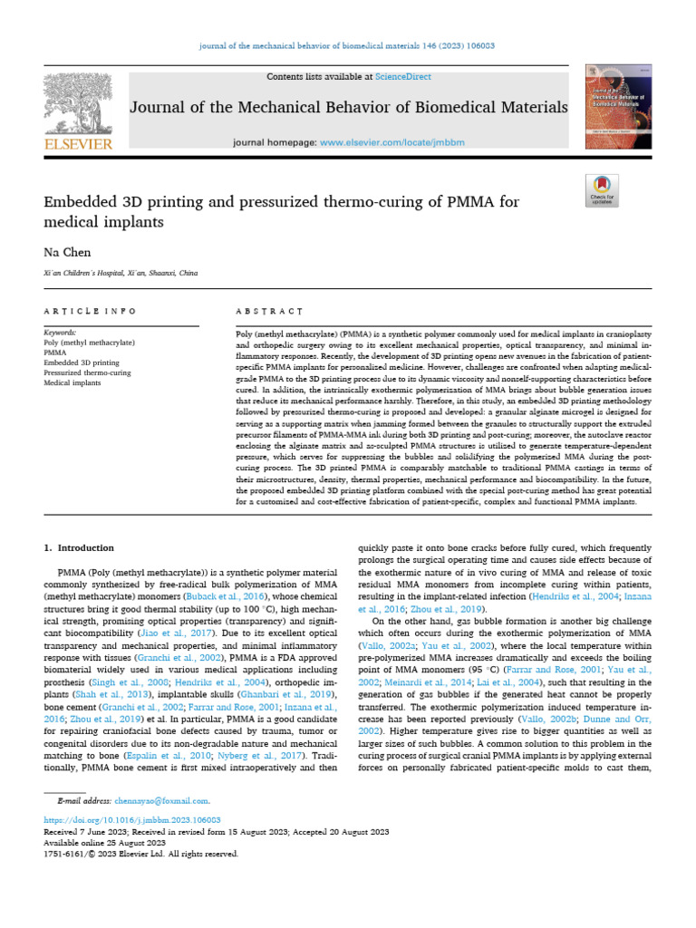 Embedded 3D Printing of PMMA Implants | PDF | Poly(Methyl Methacrylate ...