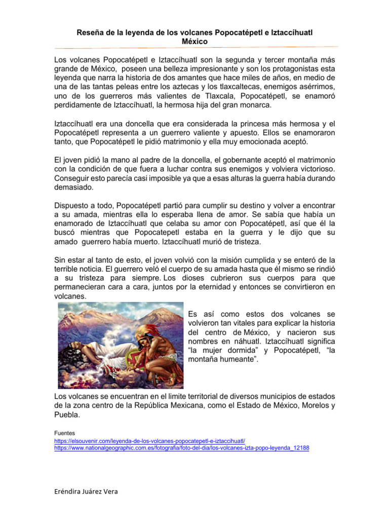 Reseña de La Leyenda de Los Volcanes Popocatépetl e Iztaccíhuatl | PDF