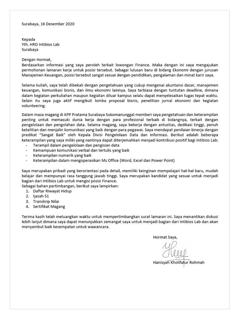 Surat Lamaran Intibios Lab | PDF