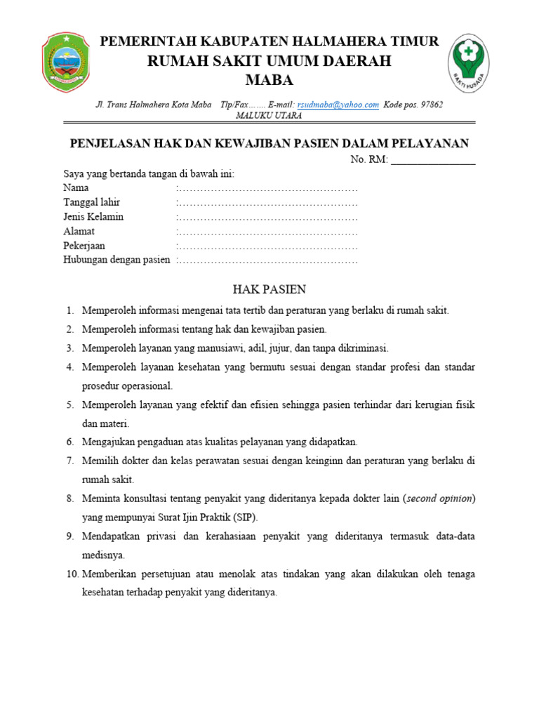 Formulir Hak Dan Kewajiban Pasien | PDF