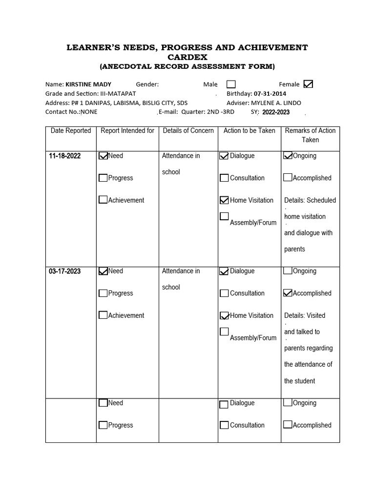Anecdotal Record | PDF | Behavior Modification | Learning