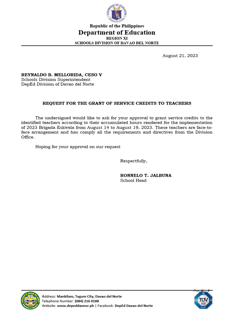 Request For The Grant of Service Credits For Be Schools | PDF