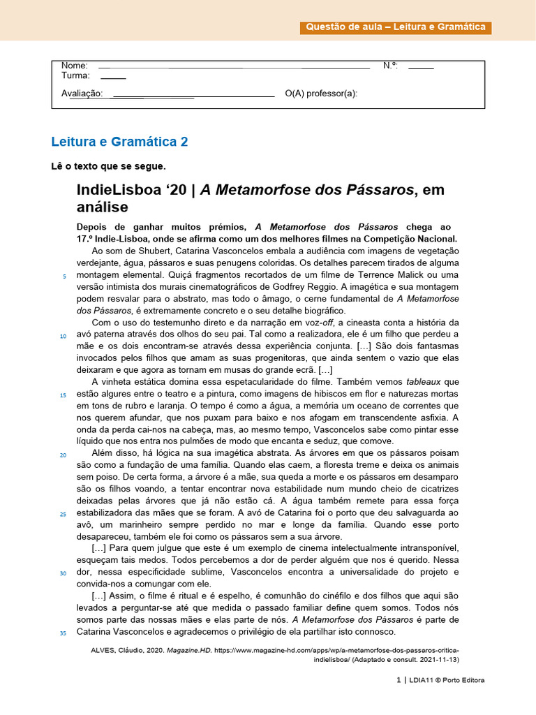 Ldia11 Questao Aula Leitura Gramatica 2 | PDF