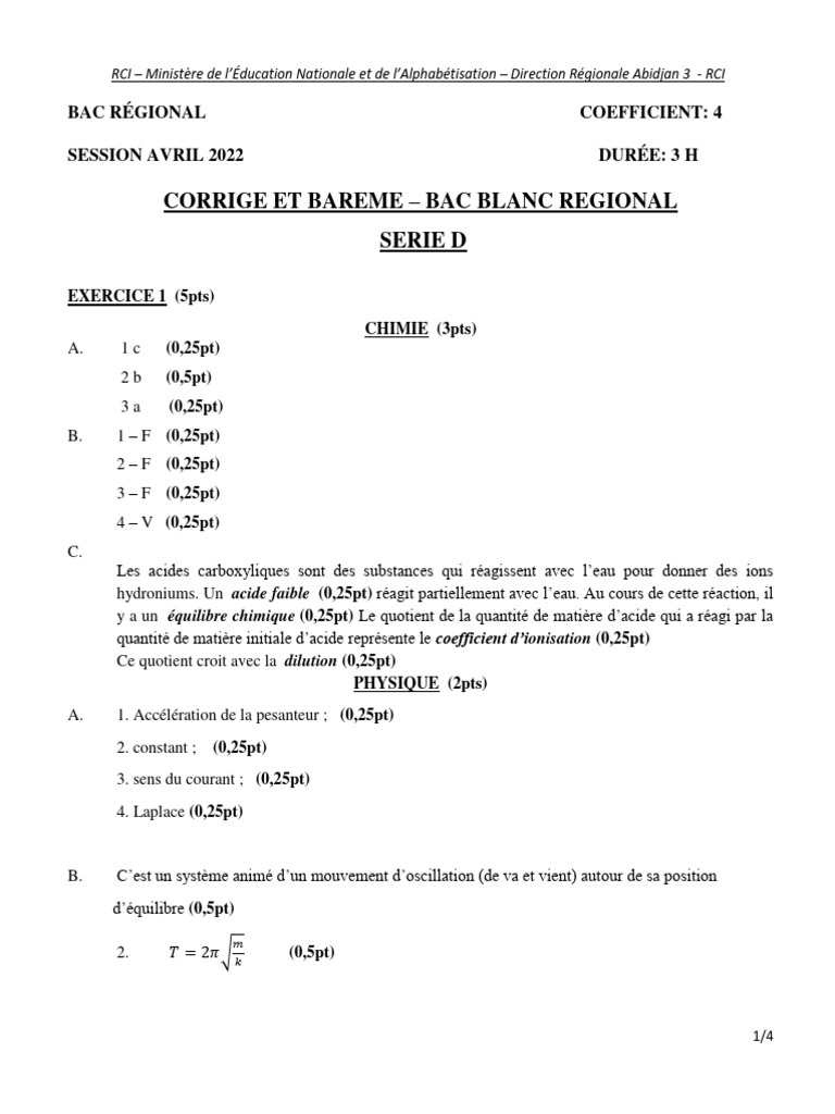 PC - Corriges Et Bareme Bac Blanc Serie D | PDF | Acide carboxylique | Équilibre chimique