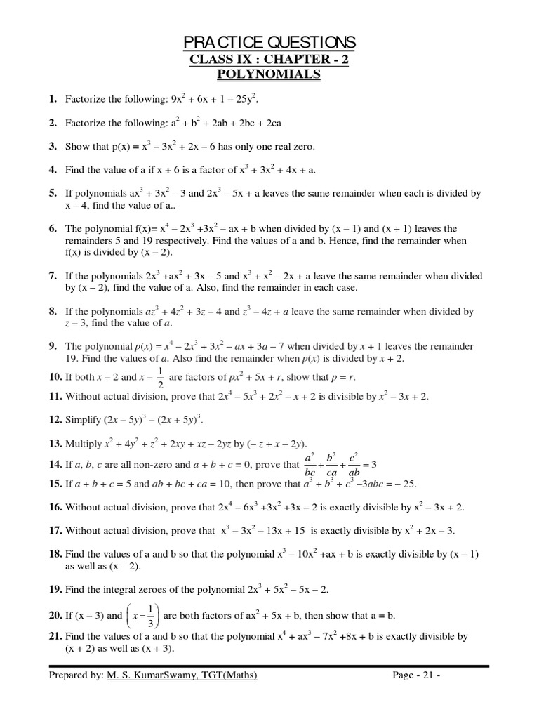 02 Polynomial Subjective Questions | PDF | Mathematics Of Computing | Elementary Mathematics